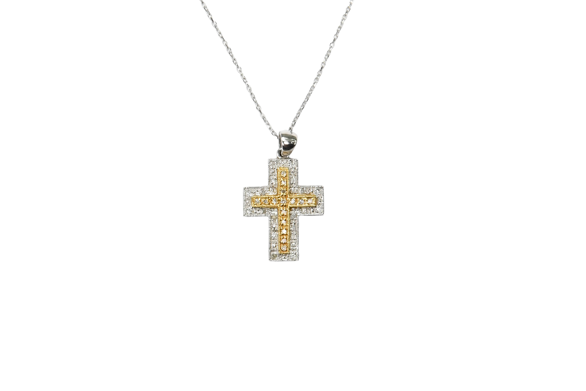 14kt TWO-TONE pave Diamond Cross with included chain | UNICORN JEWELS INC.