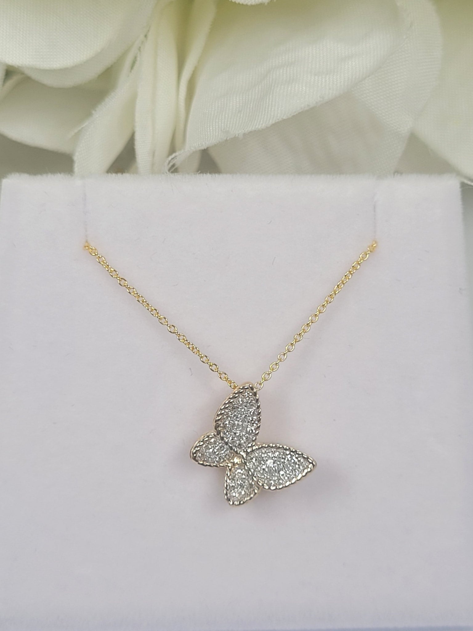 14kt yellow gold pave diamond butterfly necklace